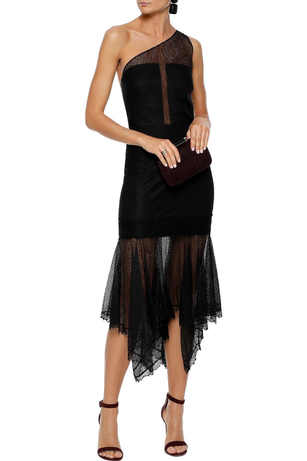 Halston Heritage One Shoulder Fluted Lace Midi Dress The Outnet