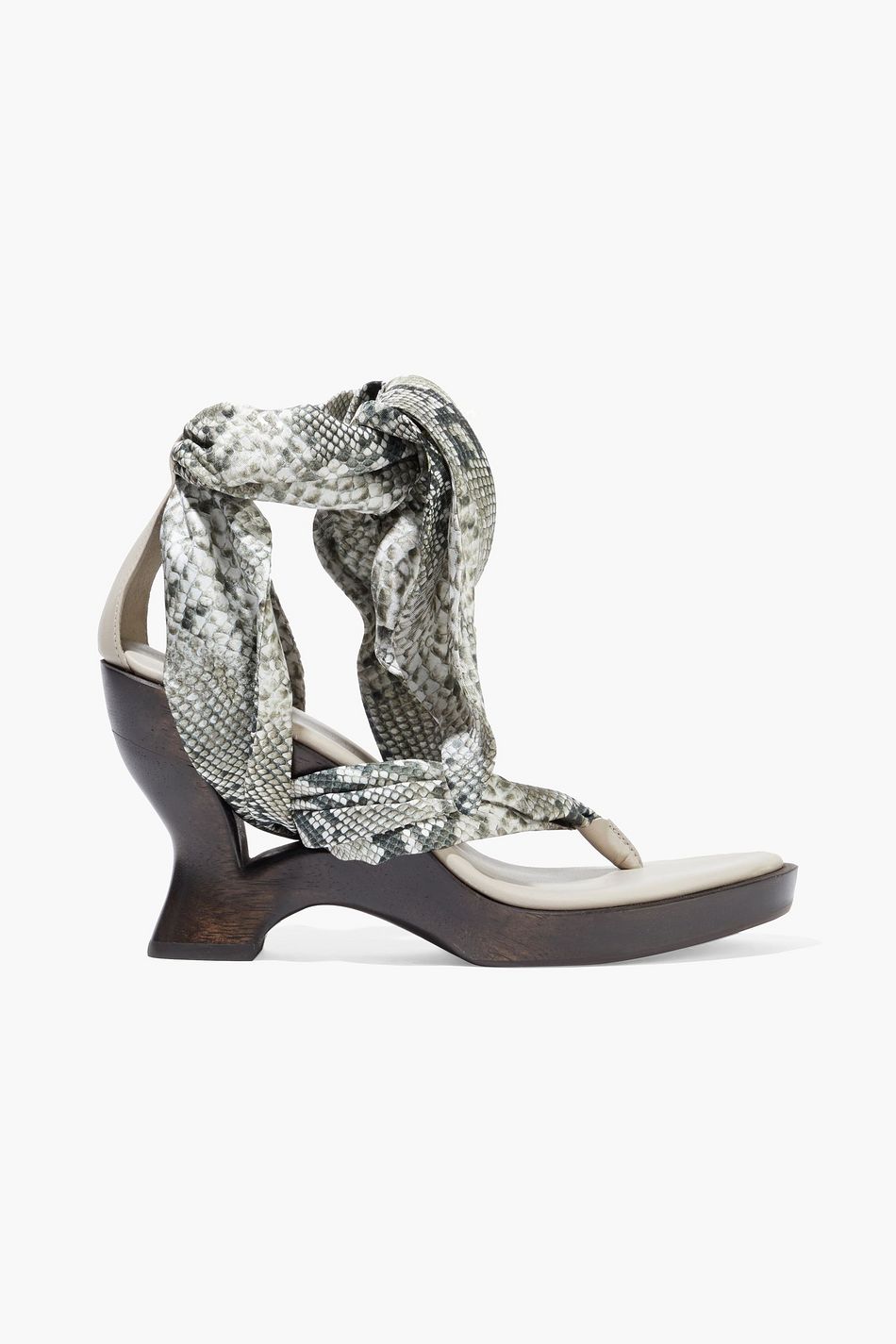 Grey green Snake-print satin-twill and leather wedge sandals ...