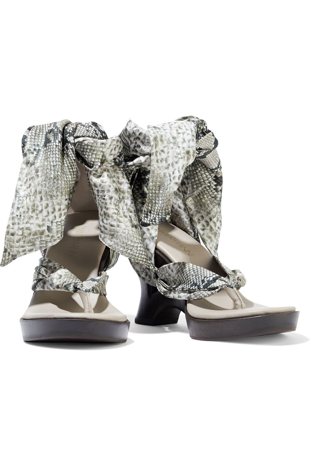 Grey green Snake-print satin-twill and leather wedge sandals ...