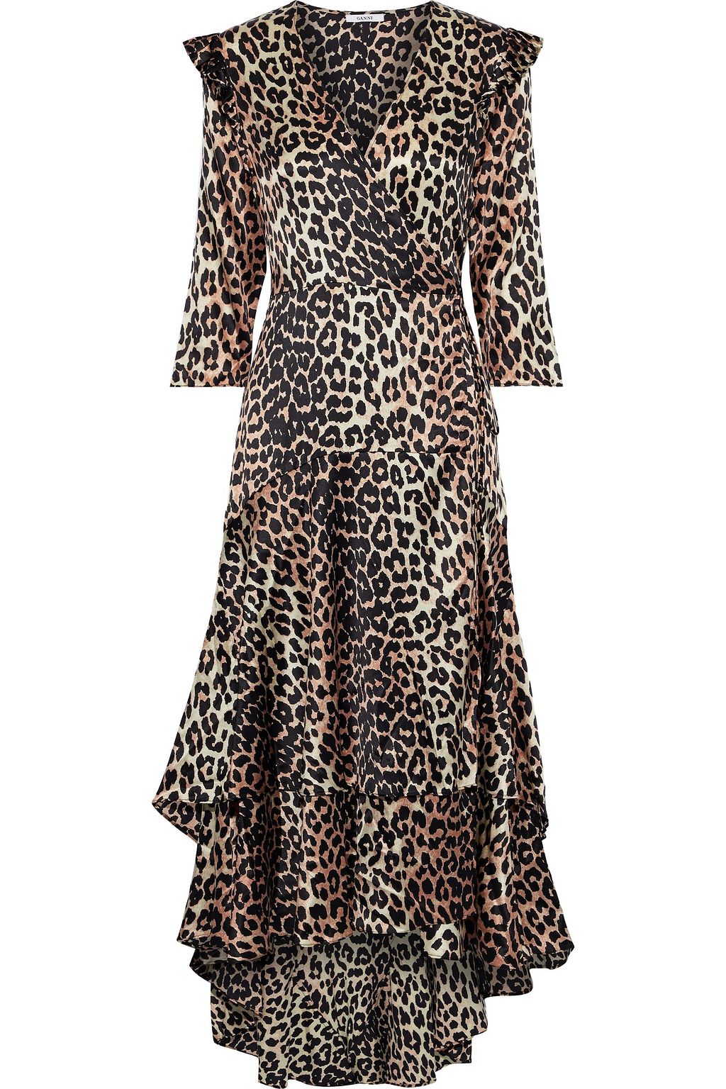 Ganni Leopard Print Silk Blend Satin Wrap Dress The Outnet