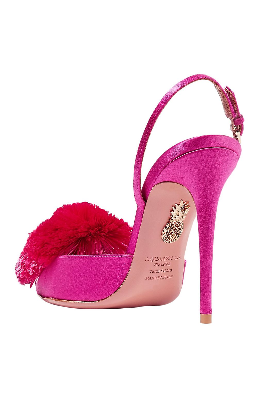 AQUAZZURA Powder Puff pompom-embellished satin slingback pumps | THE OUTNET