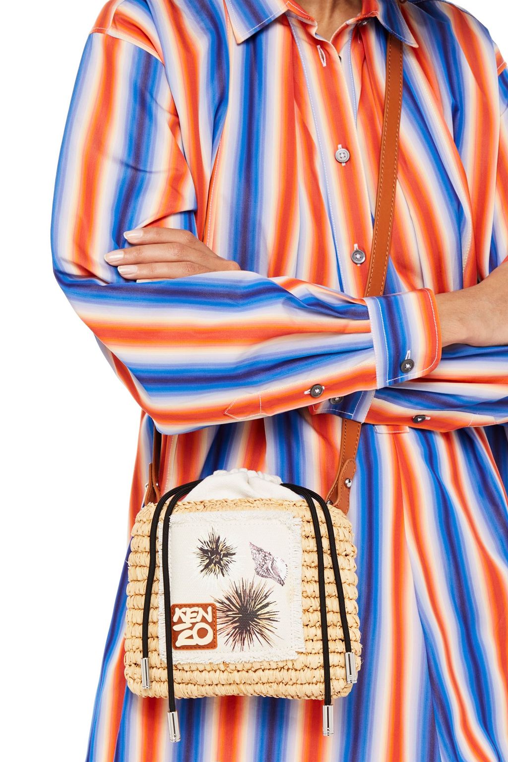KENZO Appliquéd printed canvas and raffia shoulder bag | THE OUTNET