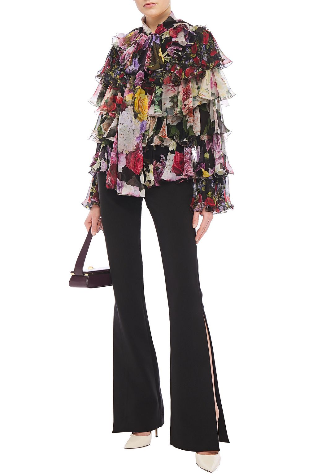 Dolce And Gabbana Pussy Bow Ruffled Floral Print Silk Chiffon Blouse
