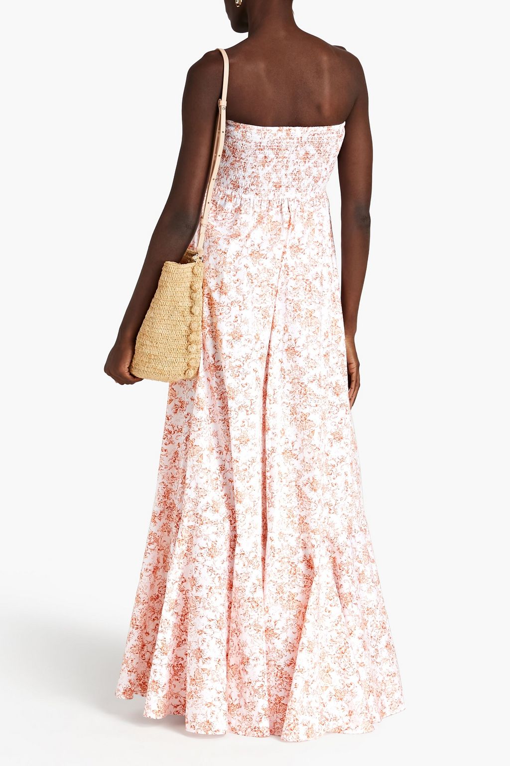 Caroline Constas Strapless Shirred Floral Print Cotton Blend Maxi Dress
