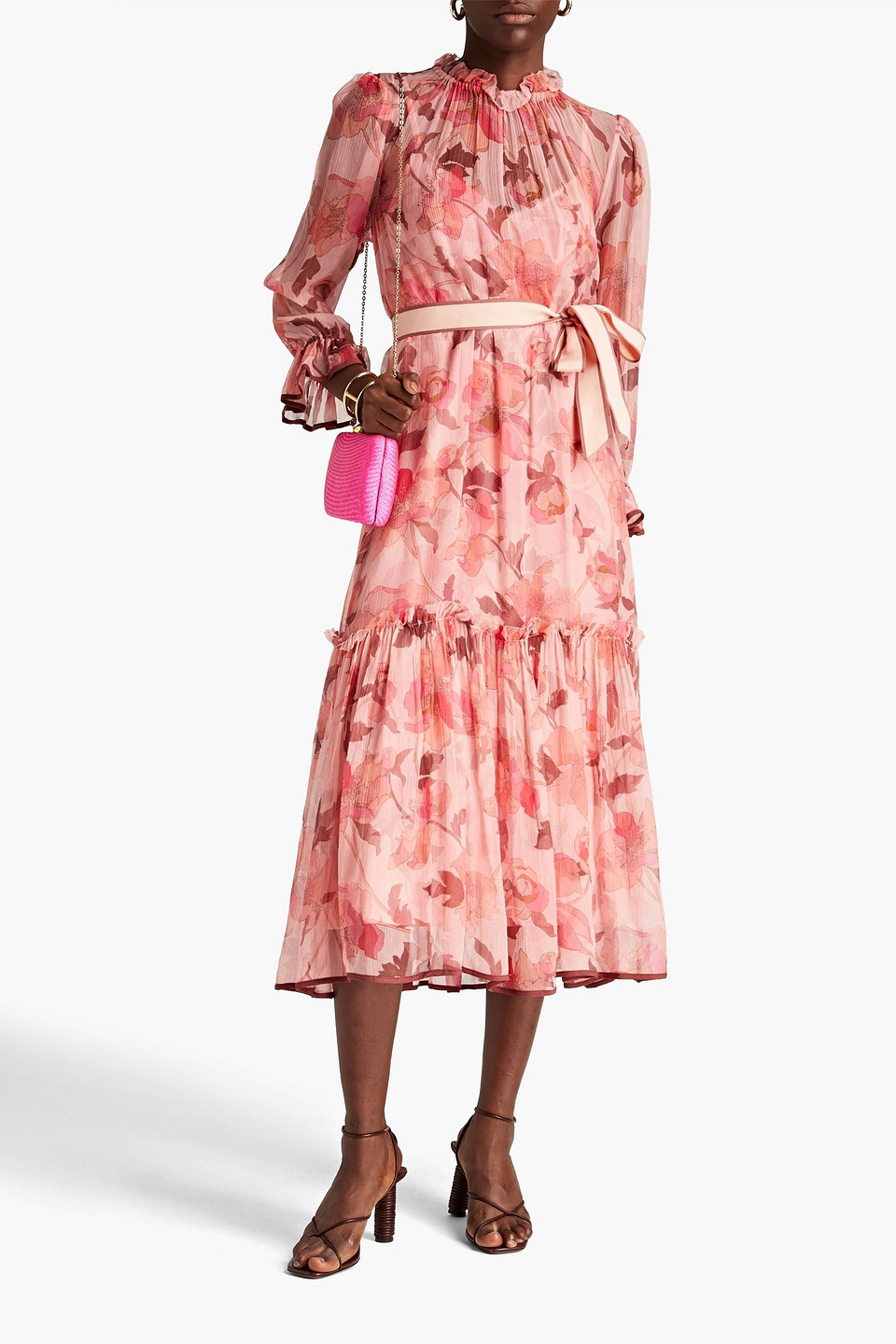 Zimmermann Concert Ruffled Floral-print Silk-crepon Midi Dress In Pink ...