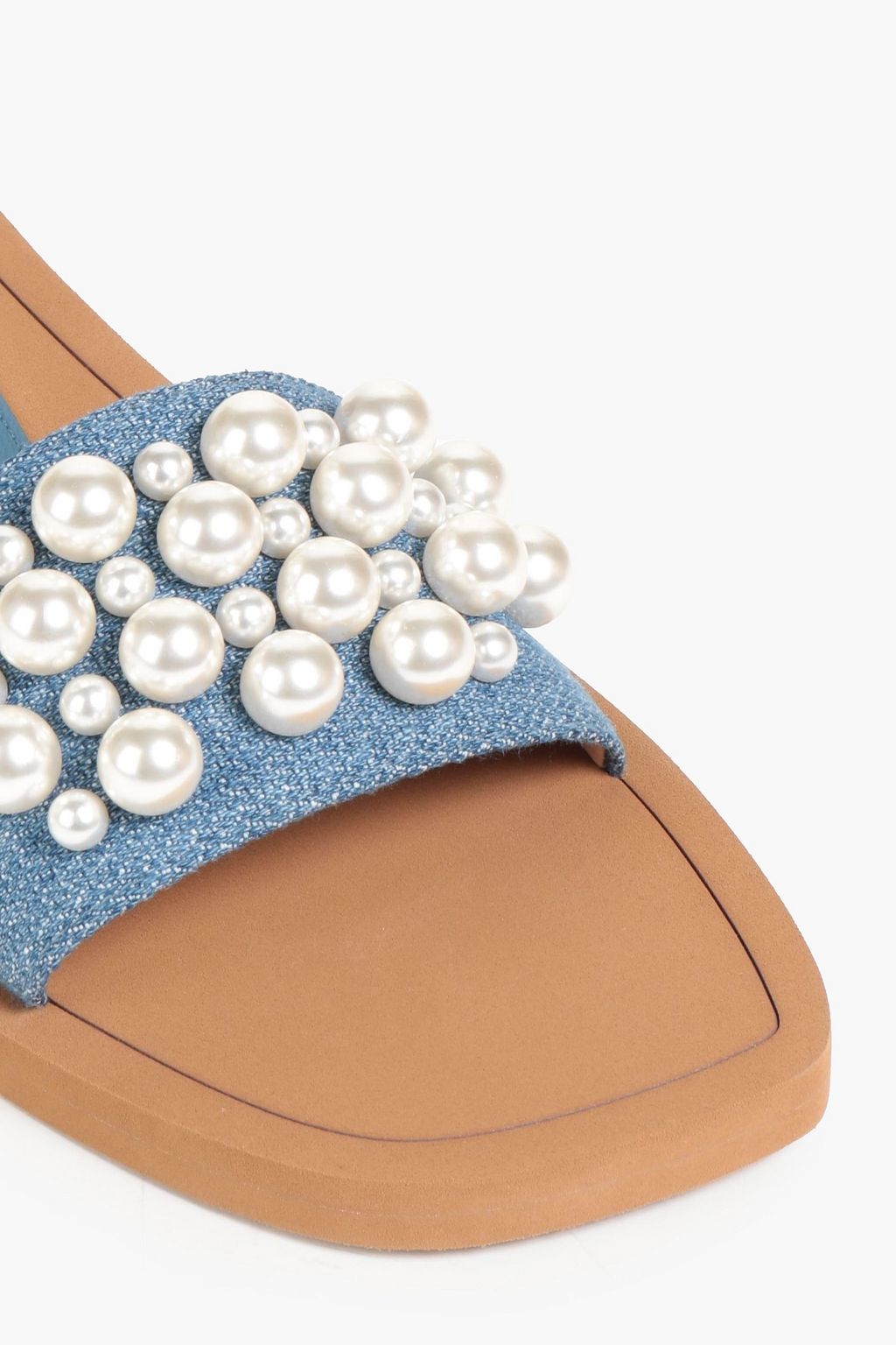 Mid denim Goldie faux pearl-embellished denim slides | STUART WEITZMAN ...