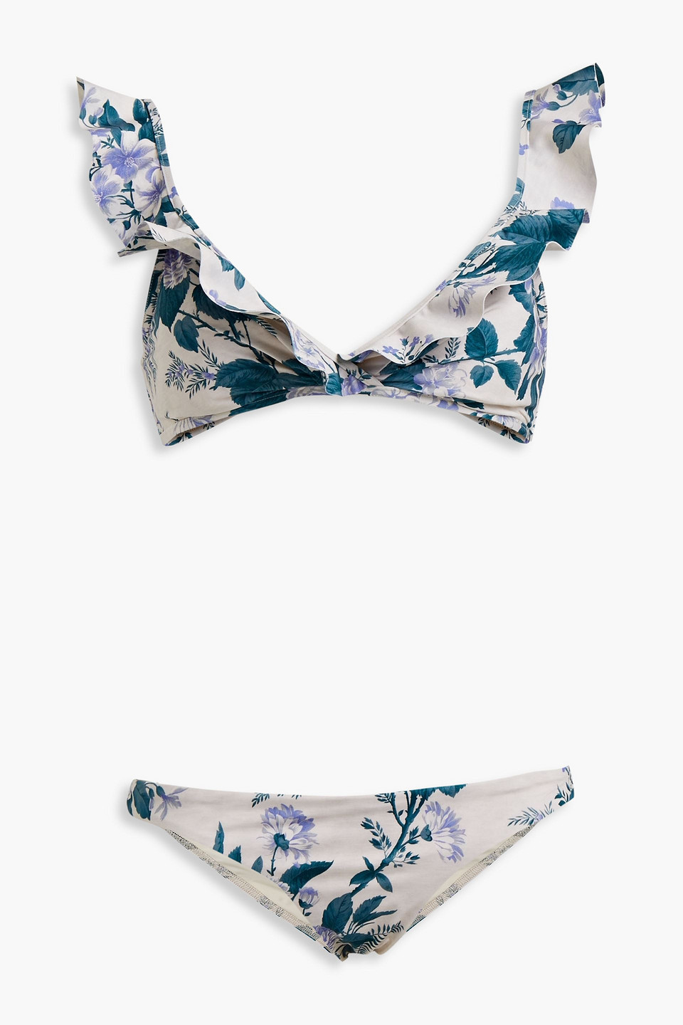 Zimmermann Ruffle Trimmed Floral Print Triangle Bikini In Off White