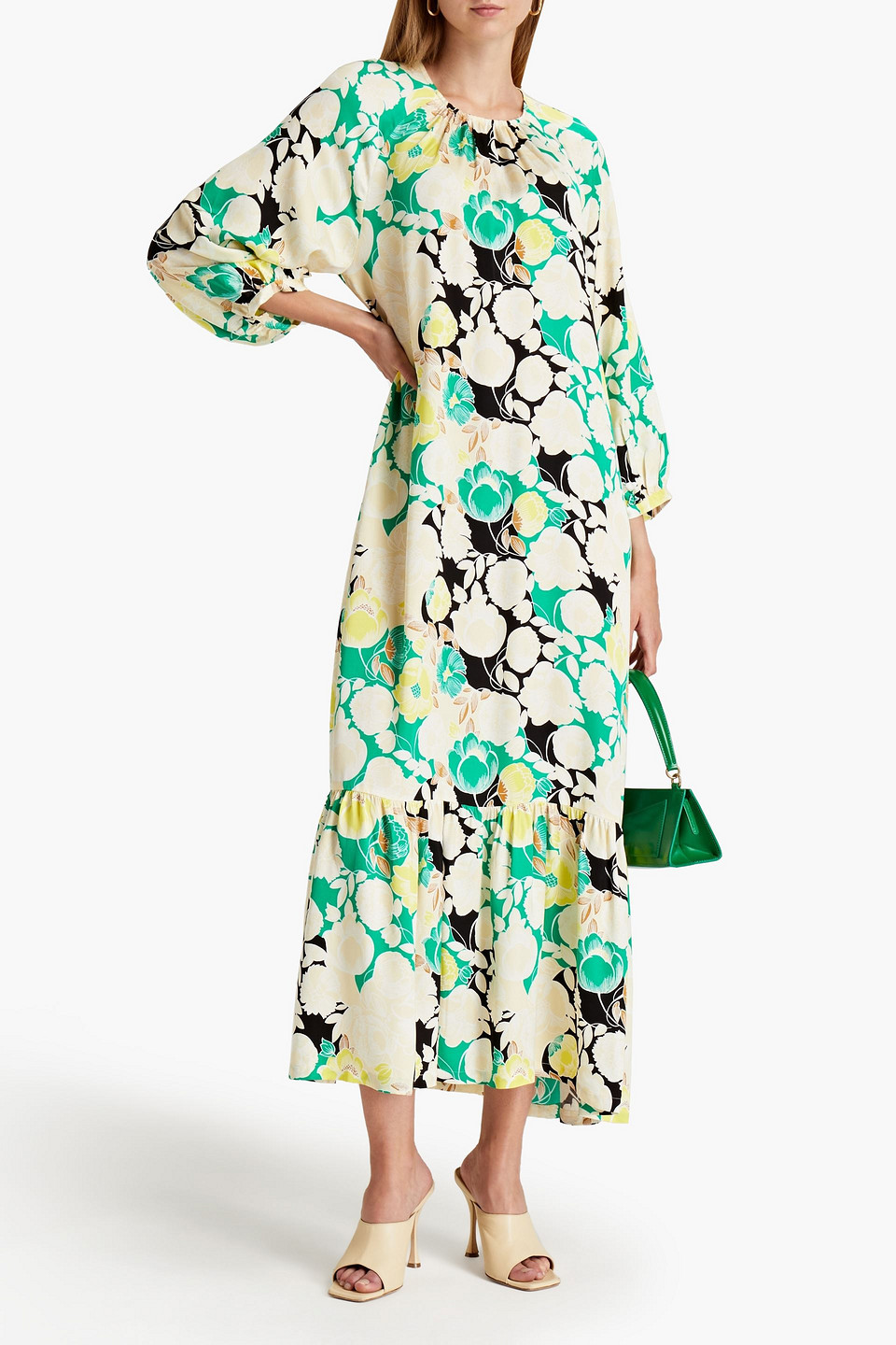 Rodebjer Wanda Shirred Floral-print Satin Midi Dress In Green | ModeSens