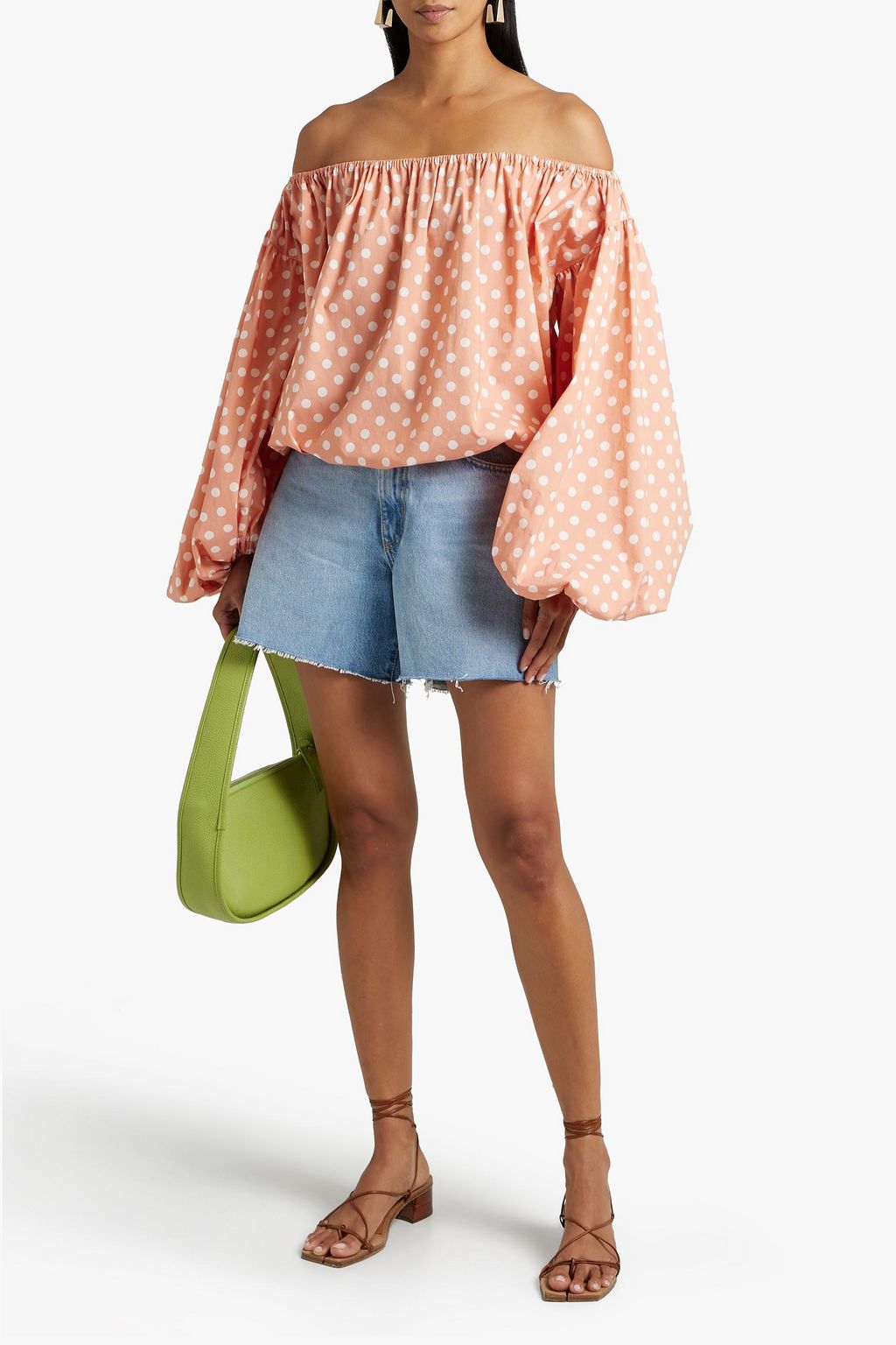 Caroline Constas Andros Off The Shoulder Polka Dot Cotton Blend Poplin