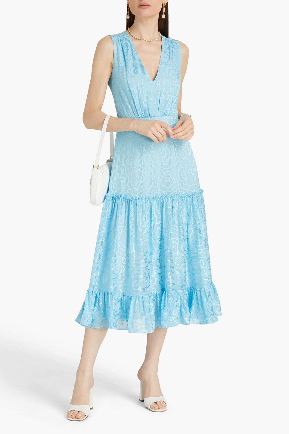Saloni Devon-b Tiered Devoré Silk-blend Midi Dress In Light Blue | ModeSens