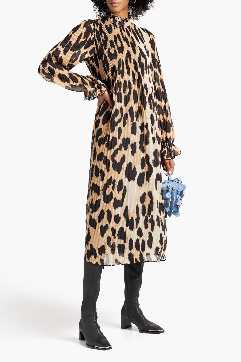 Ganni Leopard Print Plissé Chiffon Midi Dress The Outnet