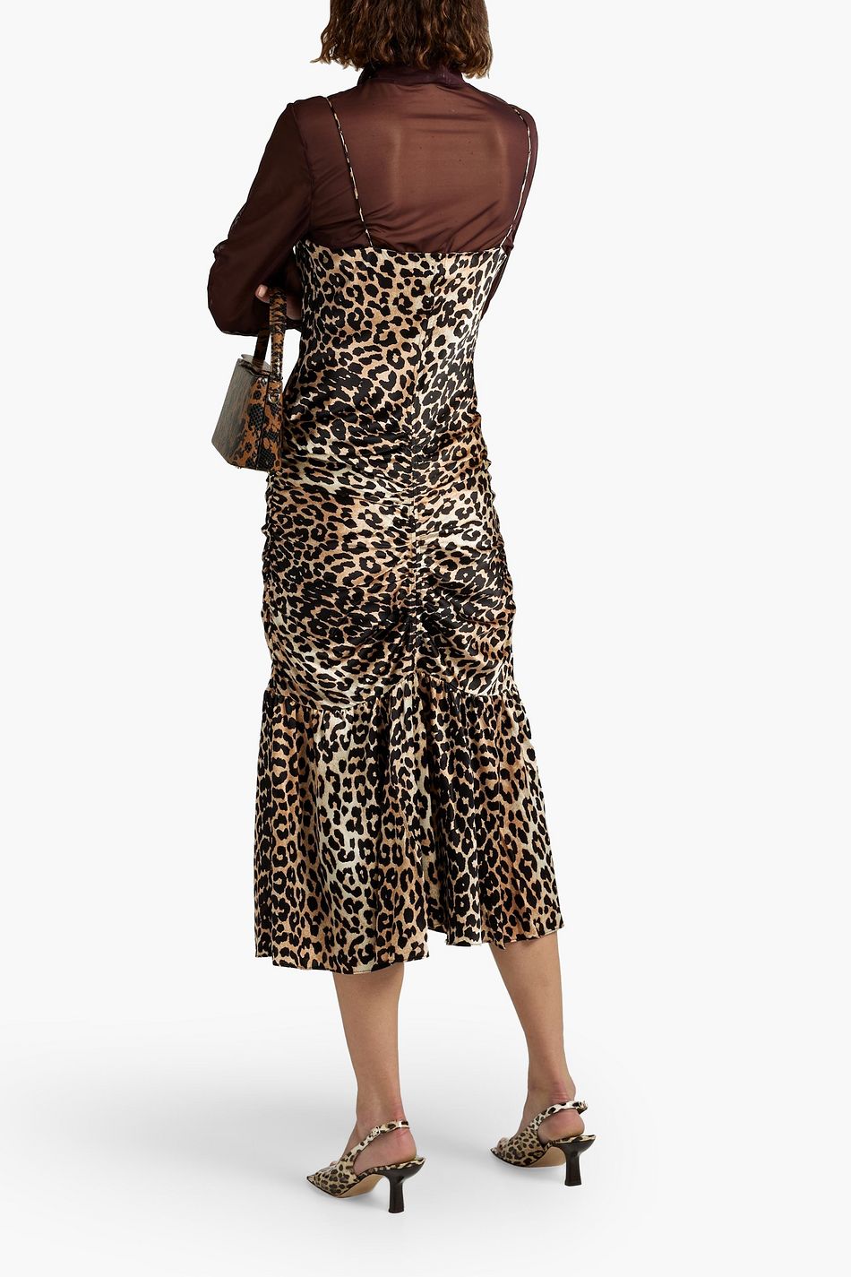 Ganni Ruched Leopard Print Silk Blend Satin Midi Dress The Outnet