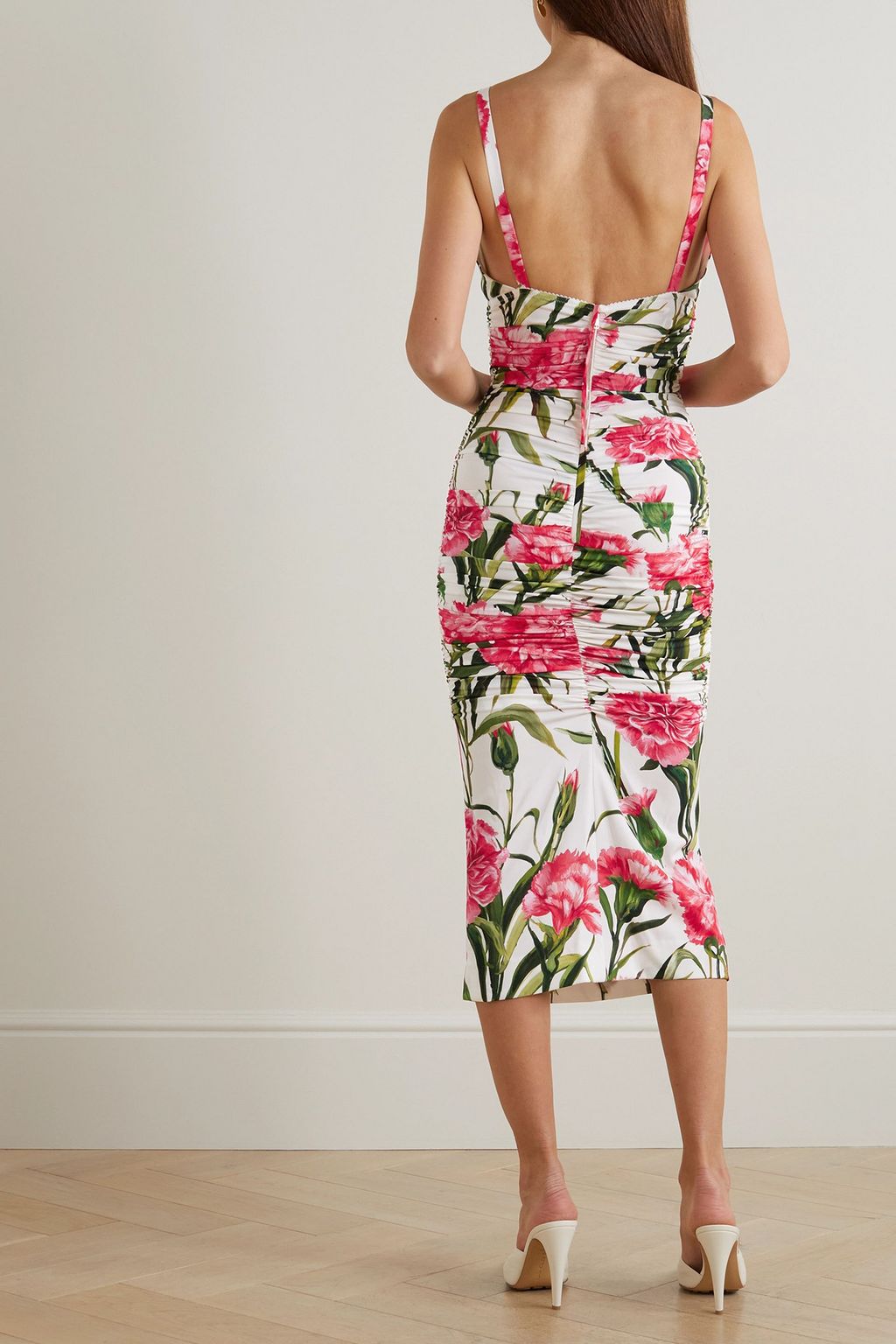 Dolceandgabbana Ruched Floral Print Stretch Silk Midi Dress The Outnet