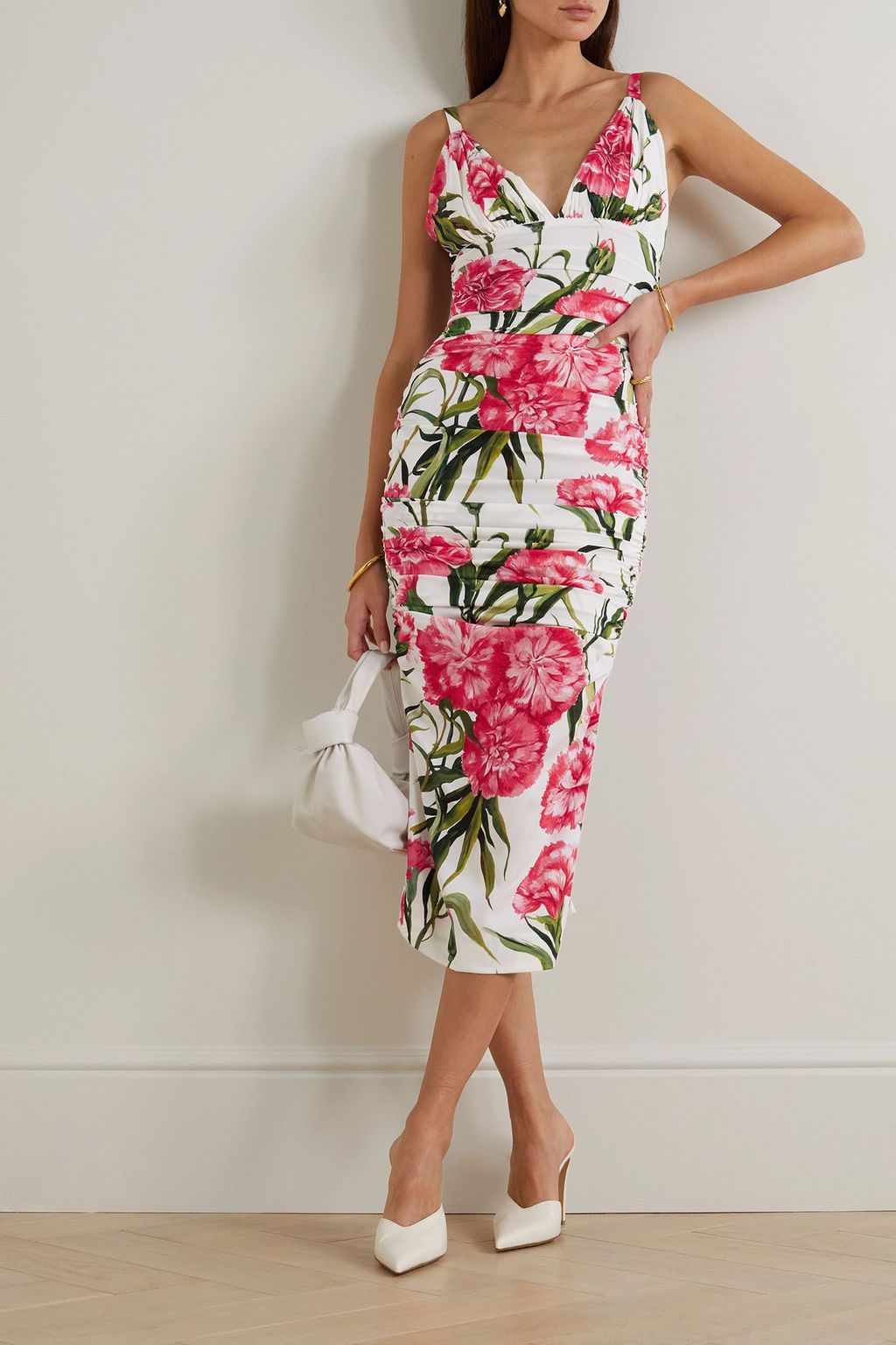 Dolceandgabbana Ruched Floral Print Stretch Silk Midi Dress The Outnet
