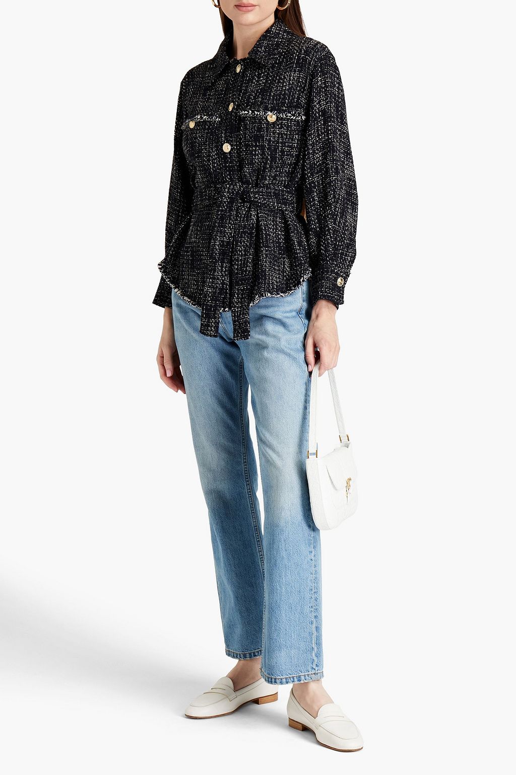 MAJE Belted cotton-blend bouclé-tweed jacket | THE OUTNET