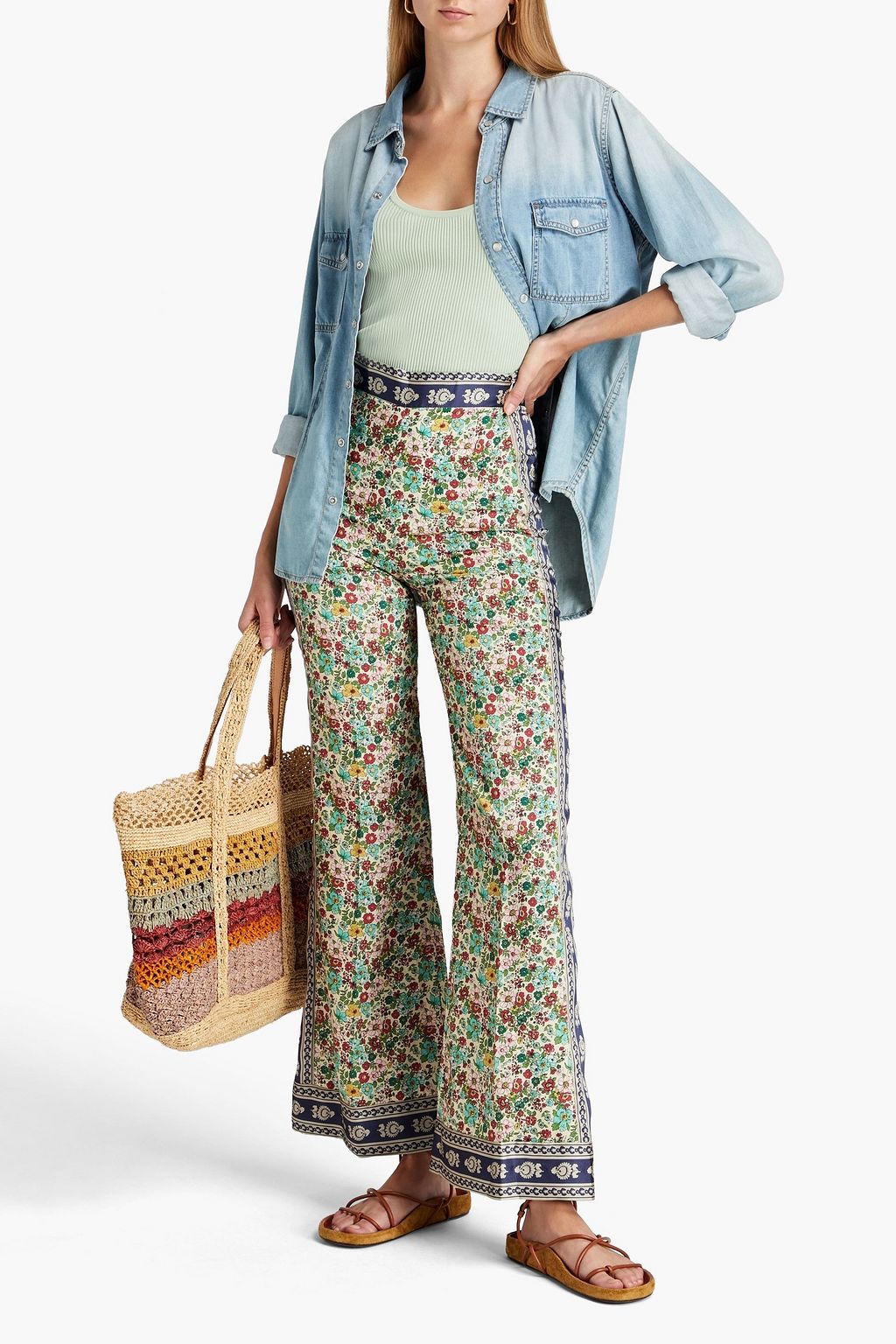 SANDRO Floral-print satin-twill flared pants | THE OUTNET