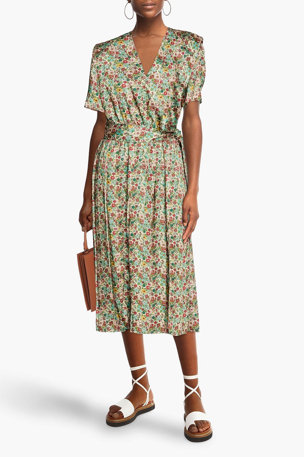SANDRO Pleated floral-print satin-twill midi dress | THE OUTNET