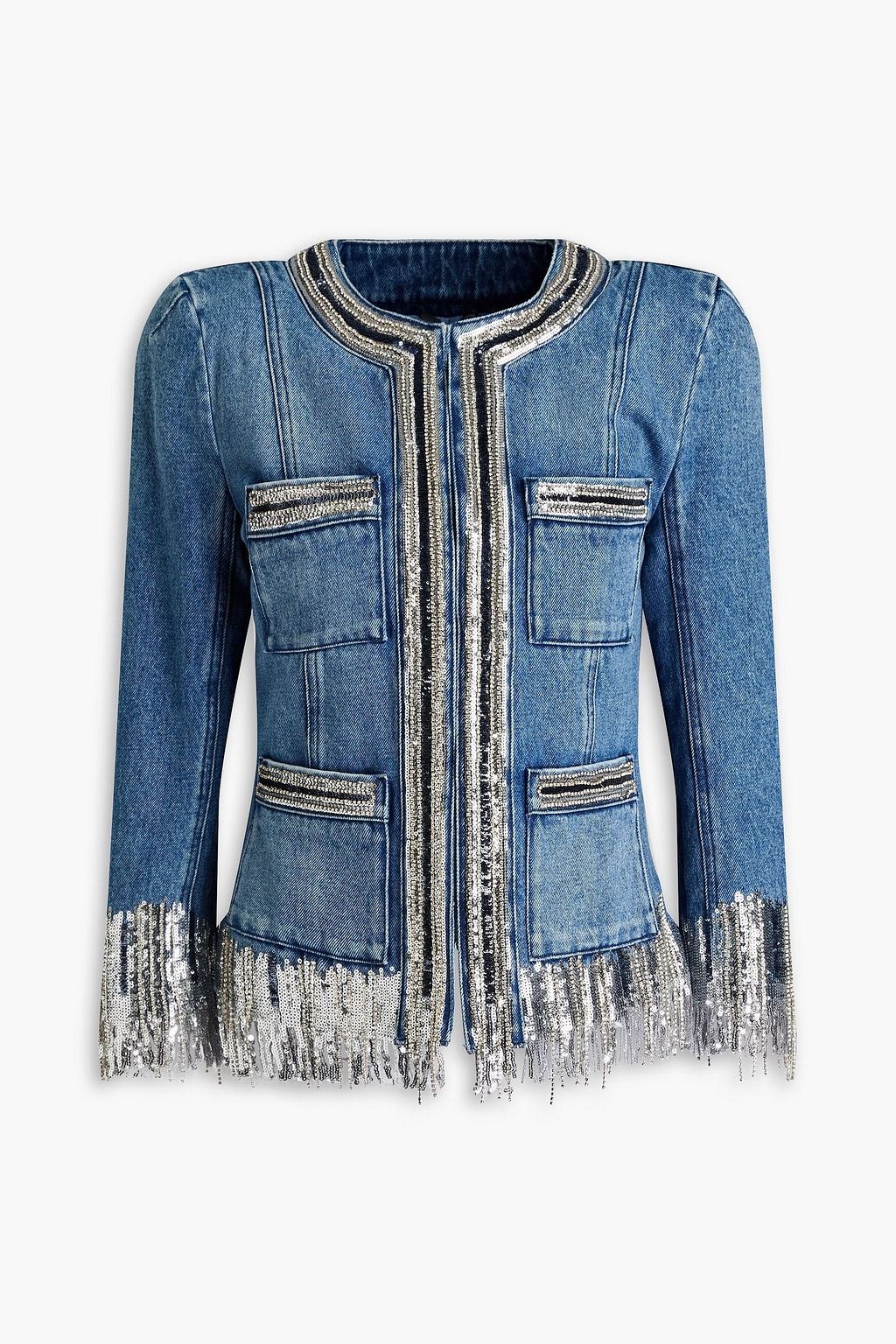 BALMAIN Embellished fringed denim jacket | THE OUTNET