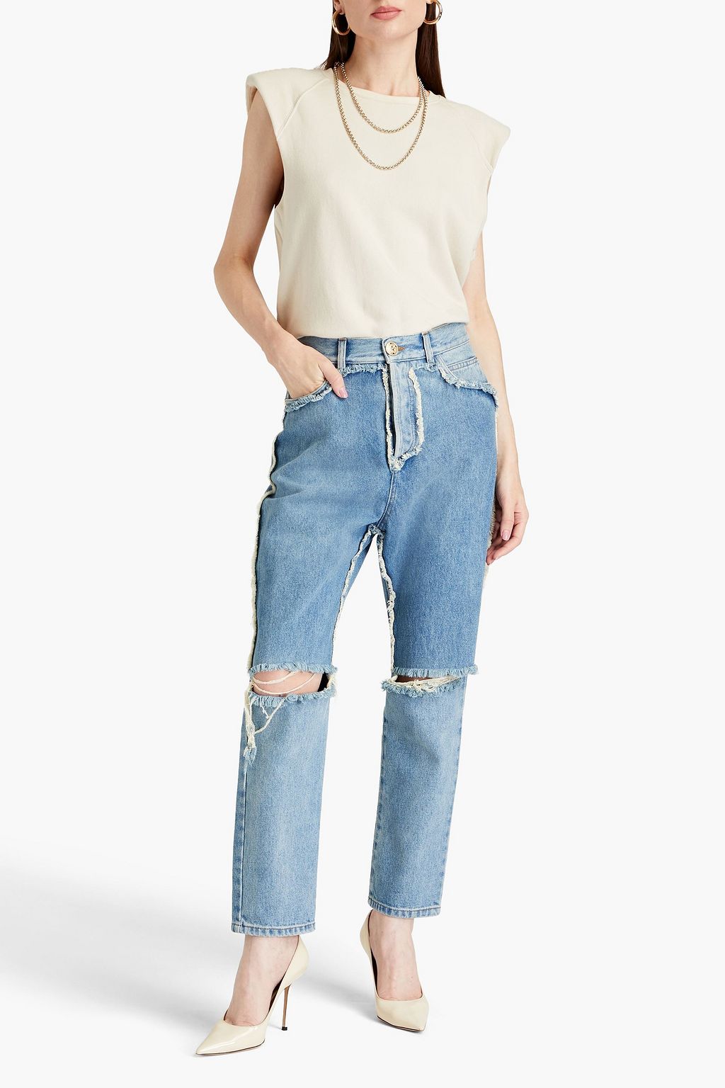 BALMAIN Distressed faded high-rise tapered jeans | THE OUTNET