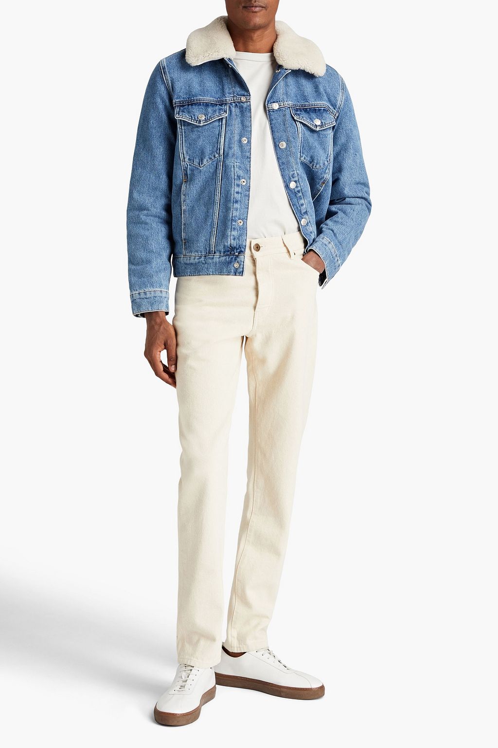 SANDRO Shearling-trimmed faded denim jacket | THE OUTNET