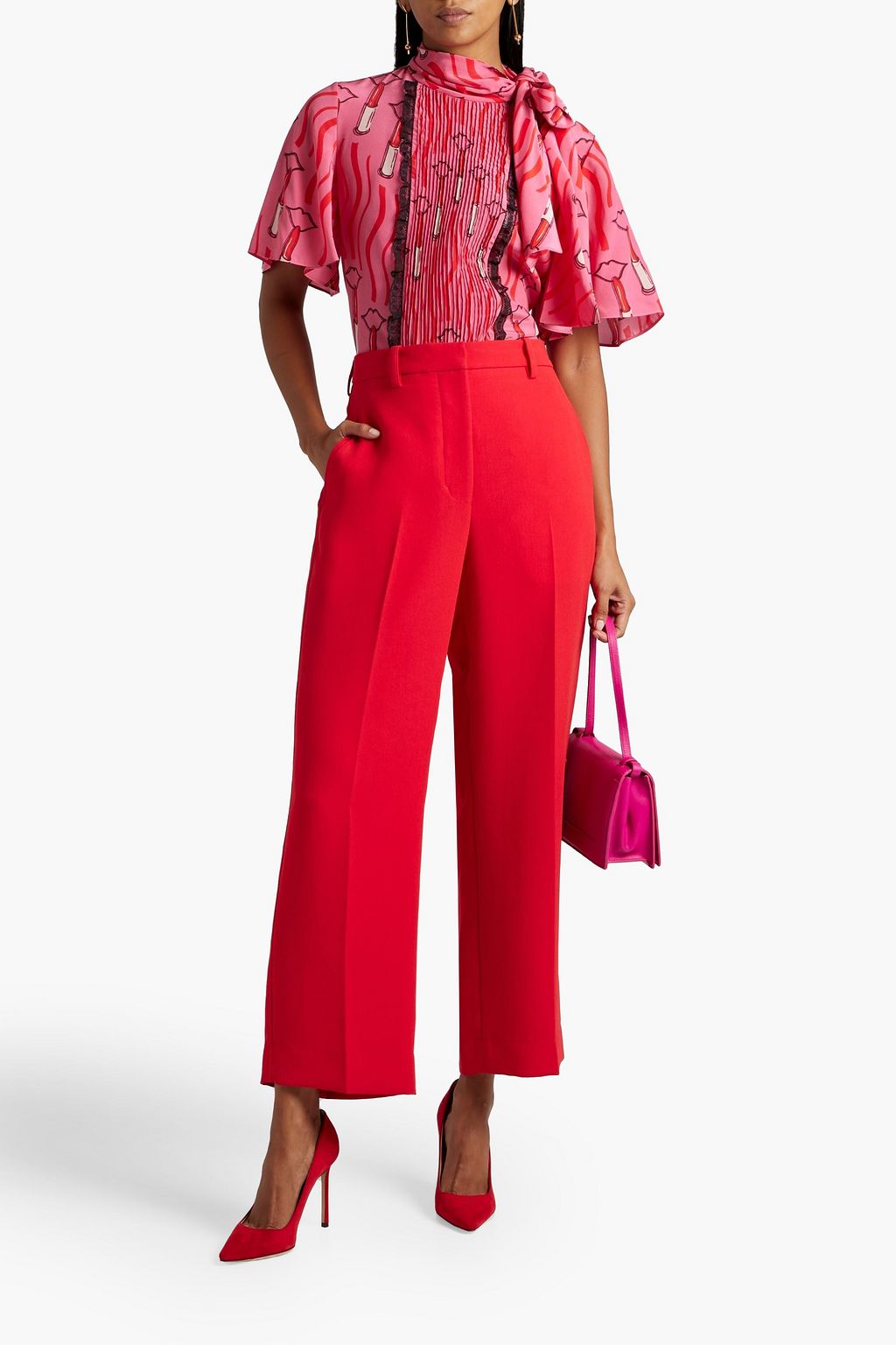 Valentino Garavani Lace Trimmed Pintucked Printed Silk Crepe Blouse