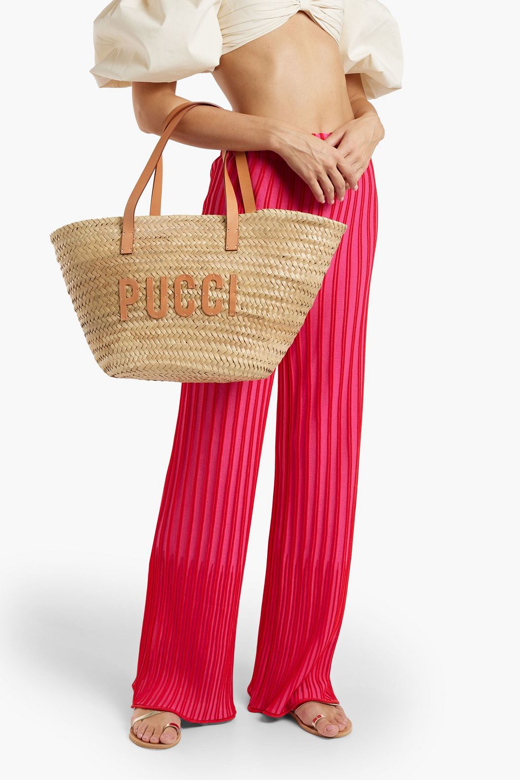PUCCI Leather-trimmed raffia tote | THE OUTNET