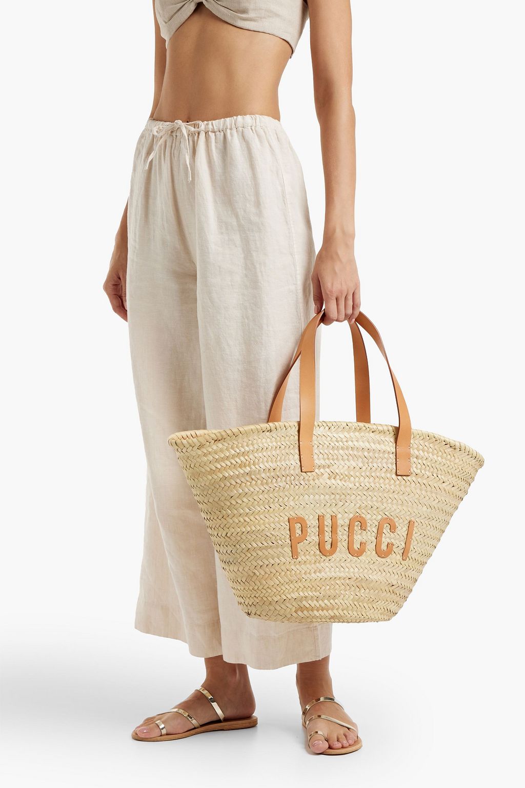 PUCCI Leather-trimmed appliquéd straw tote | THE OUTNET