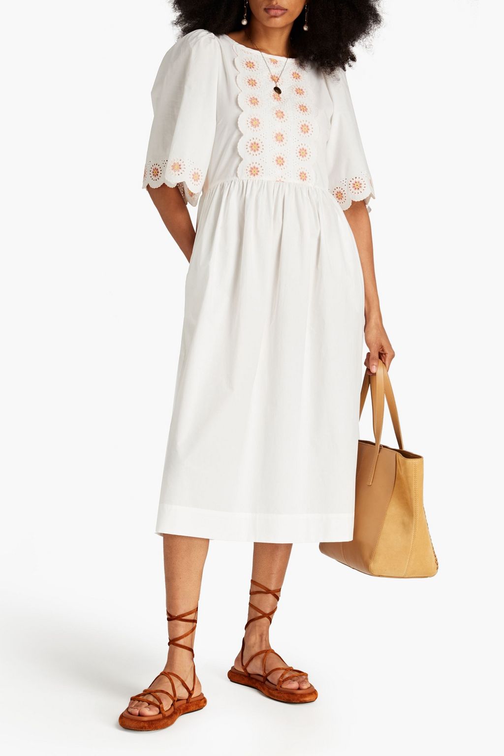 See By ChloÉ Broderie Anglaise Trimmed Cotton Poplin Midi Dress The