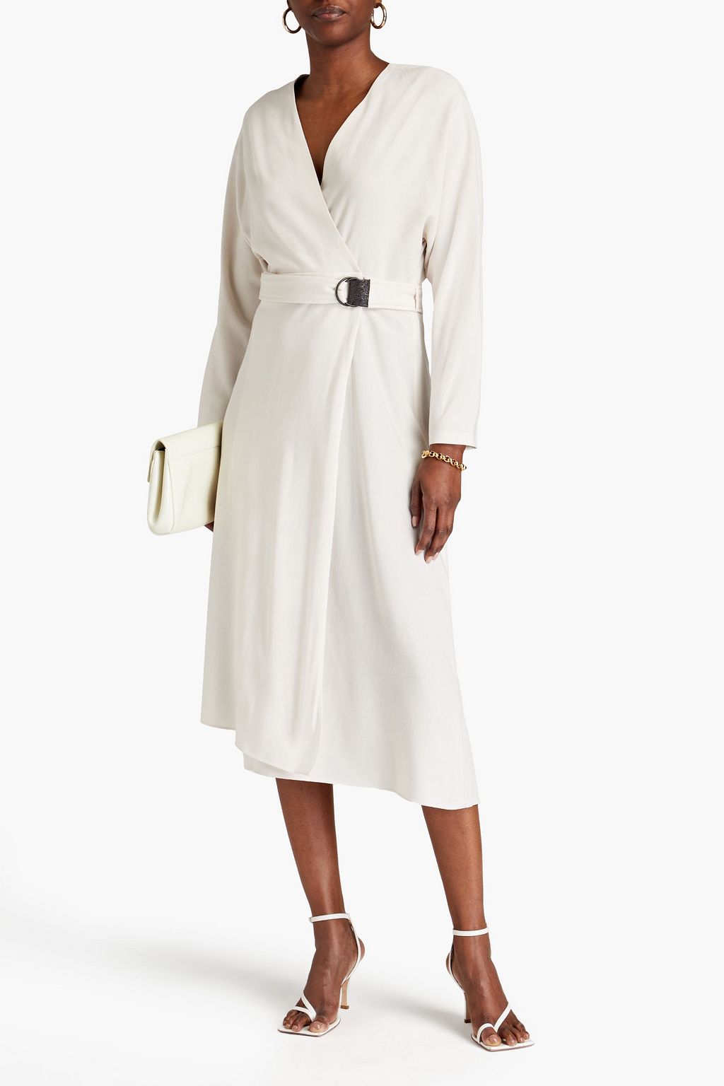 Brunello Cucinelli Belted Embellished Stretch Wool Twill Midi Wrap