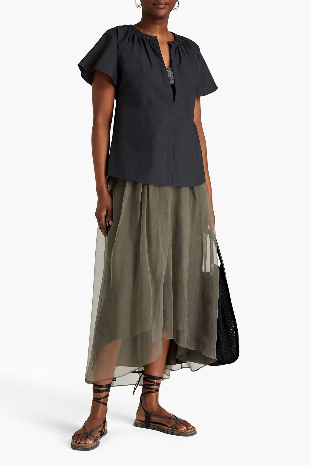 Brunello Cucinelli Bead Embellished Gathered Crinkled Cotton Blend