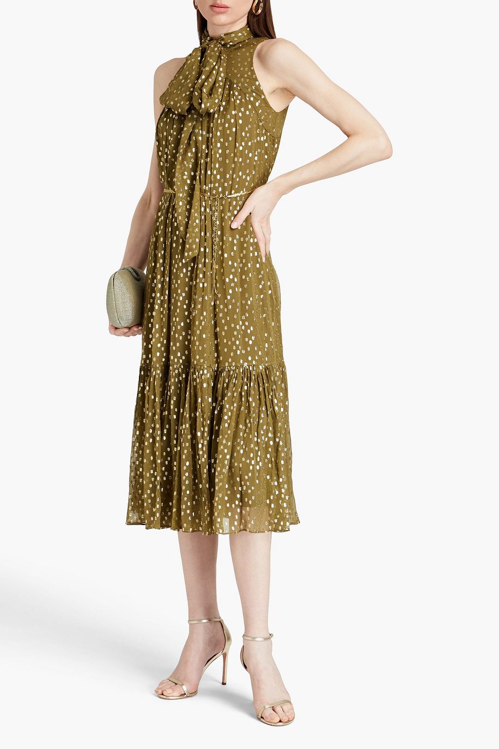 Zimmermann Pussy Bow Metallic Fil Coupé Silk Blend Crepon Midi Dress