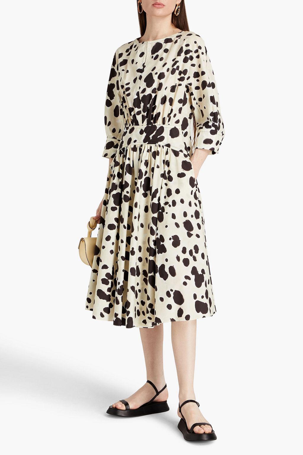 MARNI Gathered printed cotton-poplin midi dress | THE OUTNET