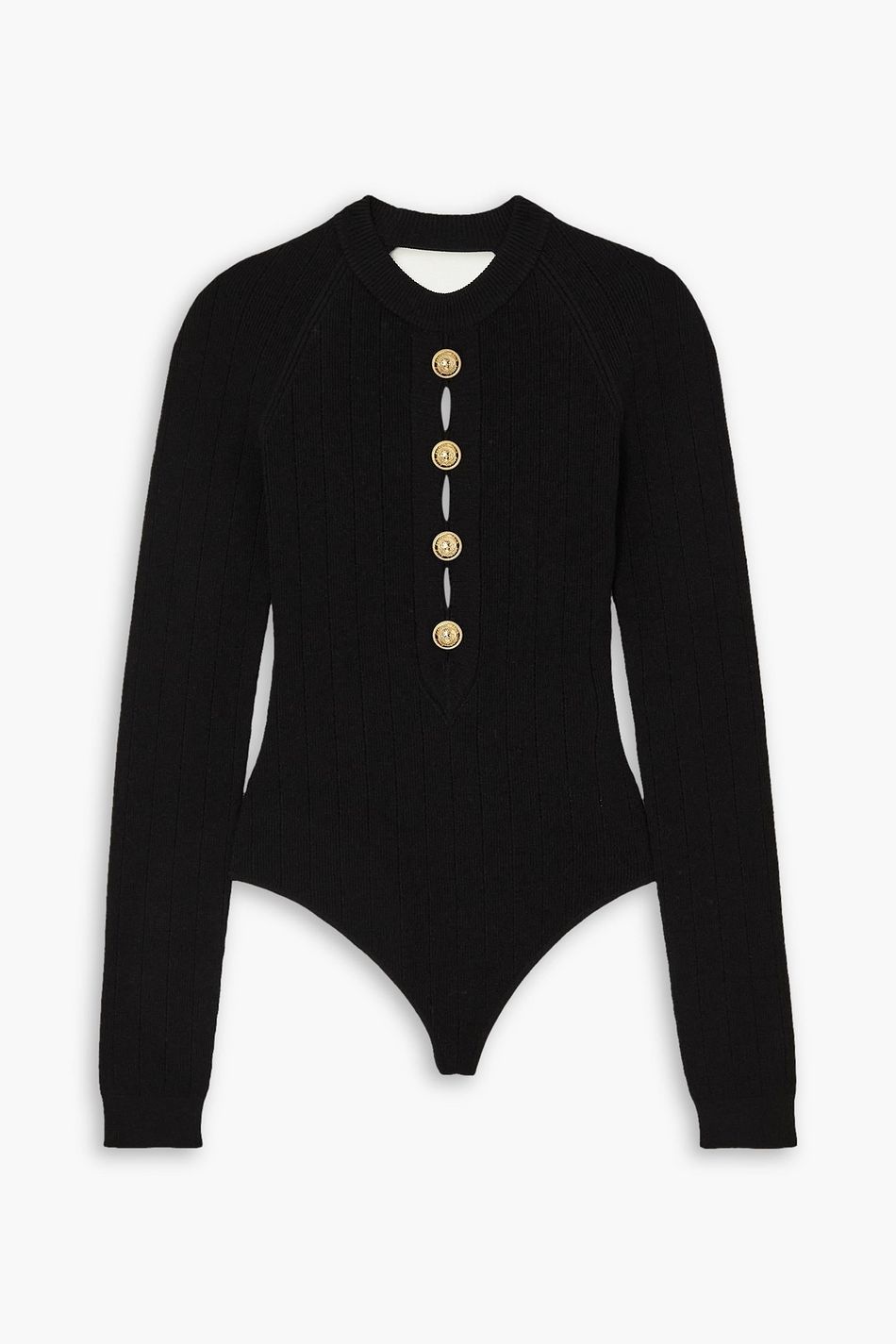 BALMAIN Open-back button-embellished ribbed-knit bodysuit | THE OUTNET