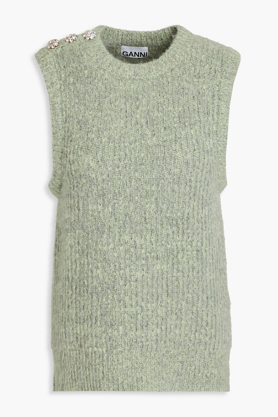 Ganni Crystal-embellished Brushed Ribbed-knit Vest In Light Green ...