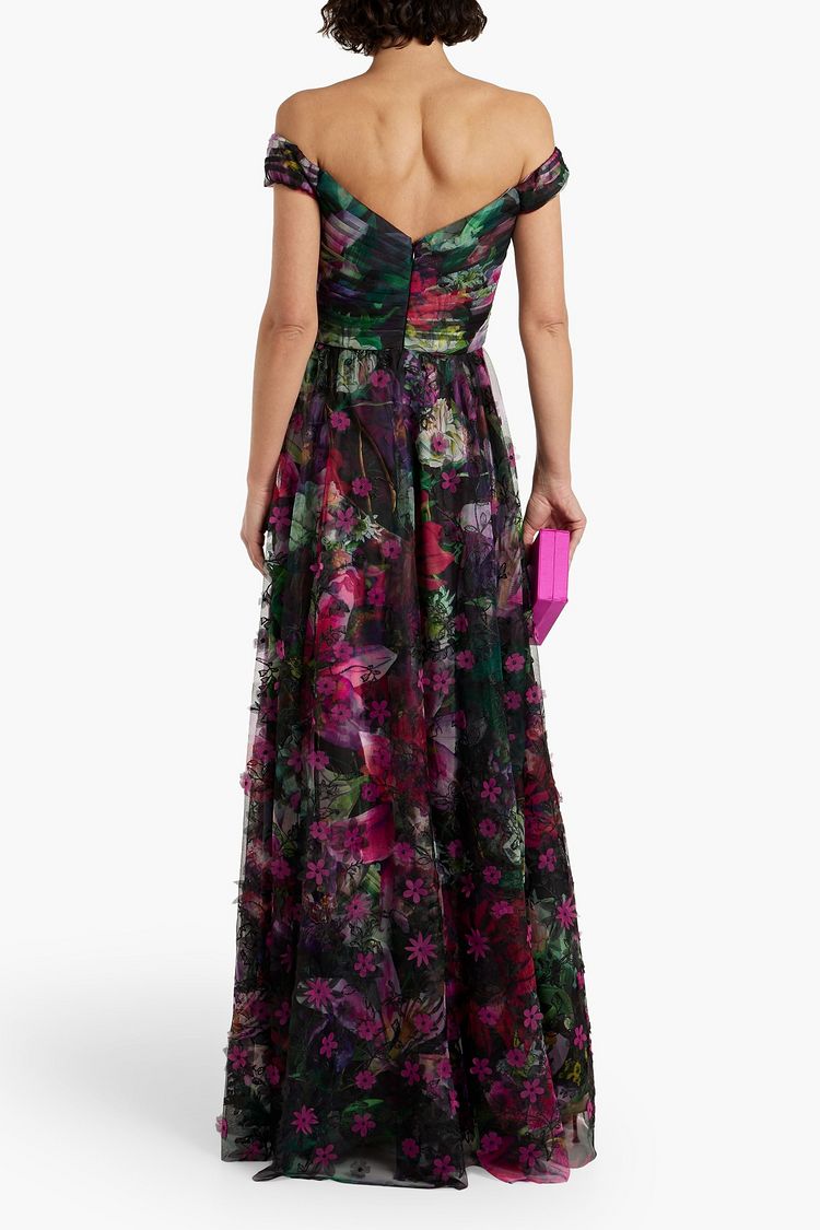 Marchesa Notte Off The Shoulder Floral Print Embroidered Tulle Gown