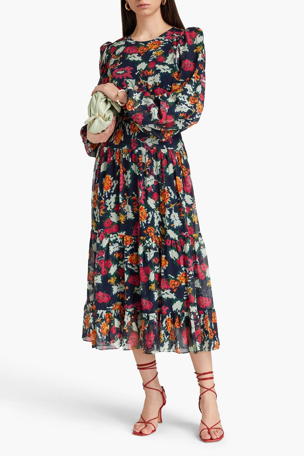Saloni Isabel Gathered Floral Print Silk Chiffon Midi Dress The Outnet