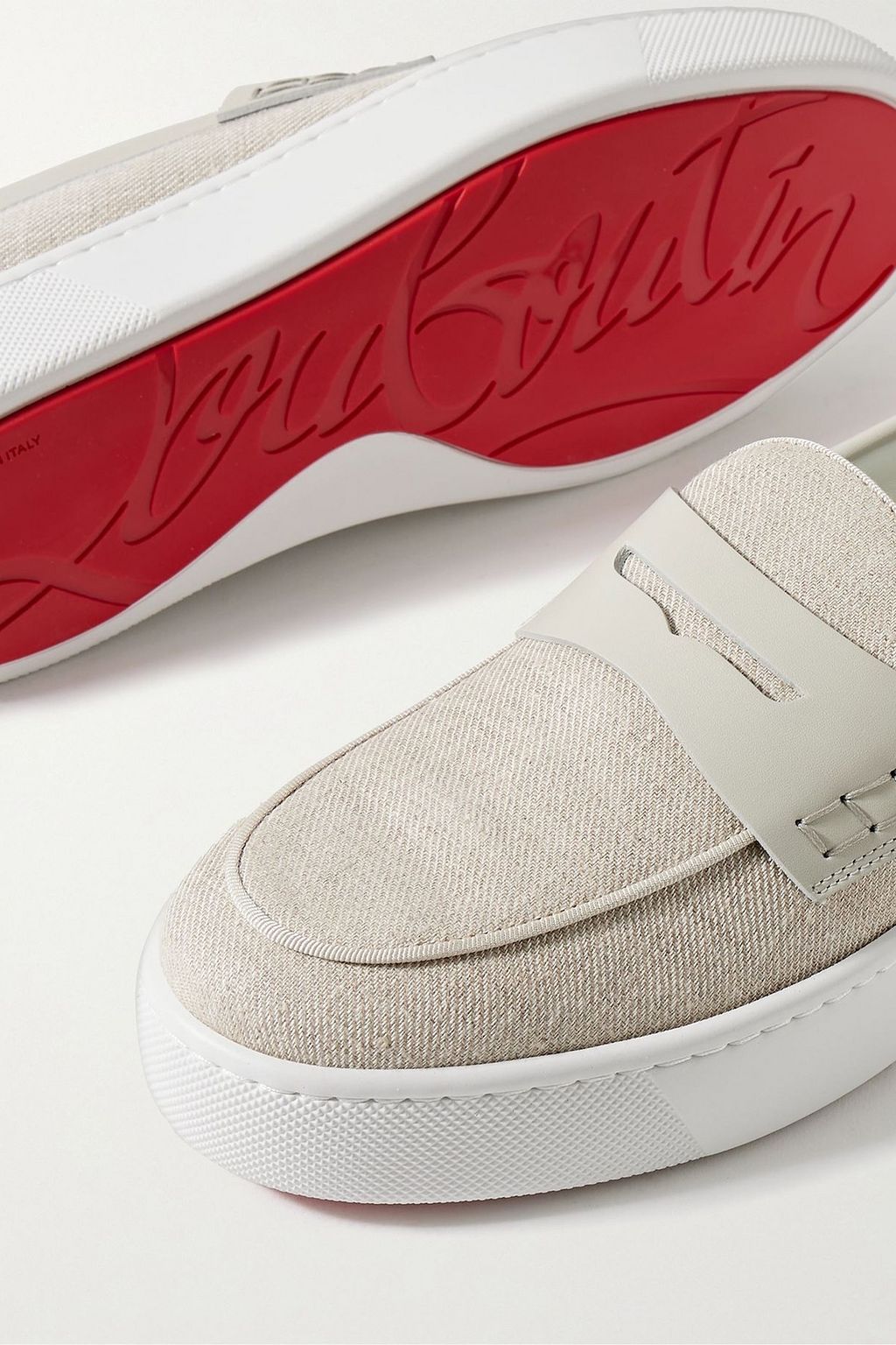 CHRISTIAN LOUBOUTIN Paqueboat leather-trimmed linen-canvas penny ...