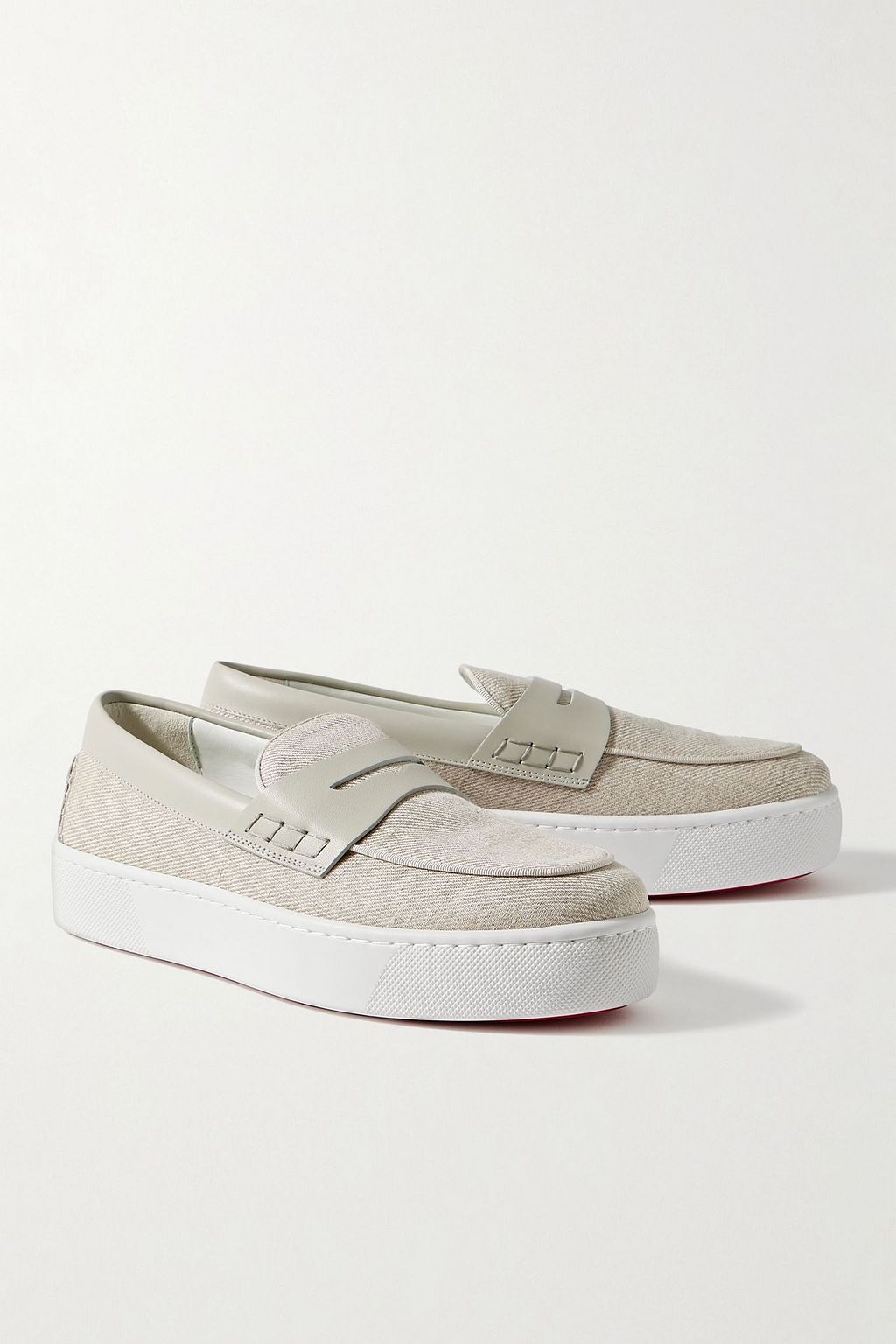 CHRISTIAN LOUBOUTIN Paqueboat leather-trimmed linen-canvas penny ...