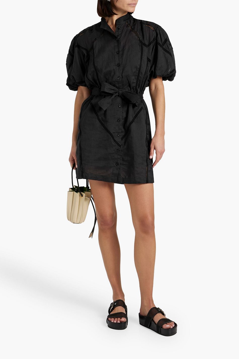 FRAME Belted crocheted lace-trimmed ramie mini dress | THE OUTNET