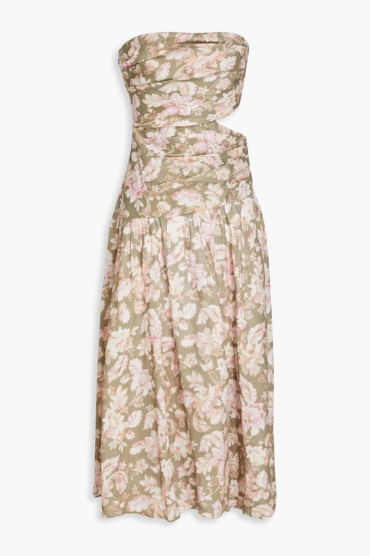 Zimmermann Strapless Cutout Floral Print Linen Midi Dress The Outnet
