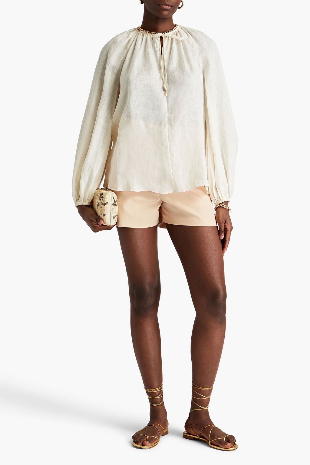ZIMMERMANN Chain-trimmed gathered linen blouse | THE OUTNET