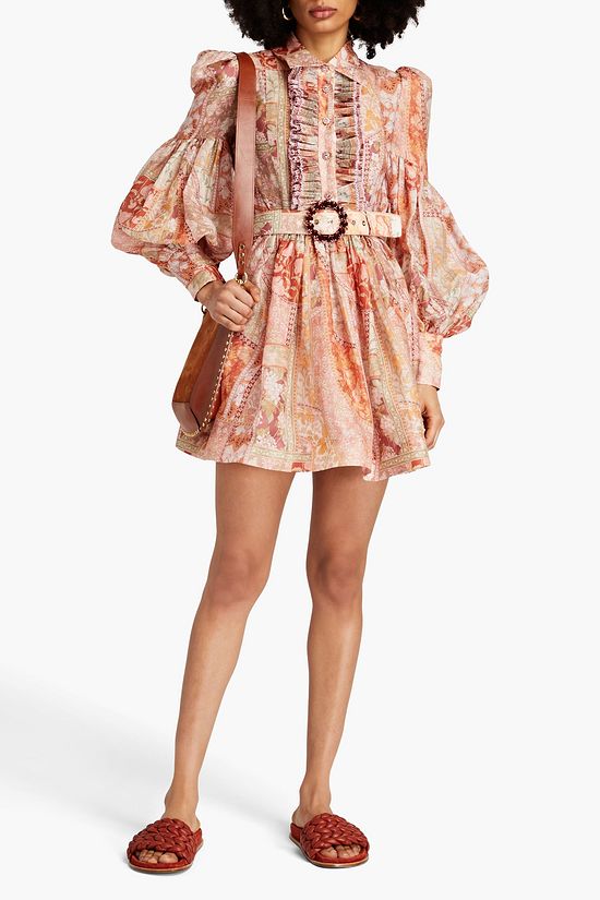 Zimmermann Belted Floral Print Linen And Silk Blend Mini Shirt Dress