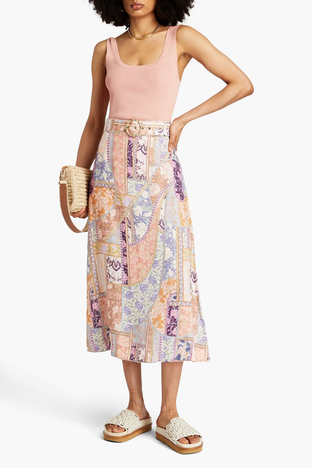 Zimmermann Belted Printed Linen Midi Skirt The Outnet