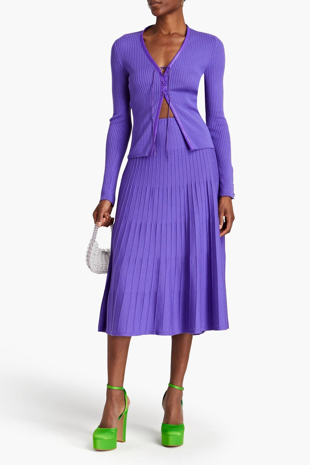 MOSCHINO Leather-trimmed ribbed wool cardigan | THE OUTNET