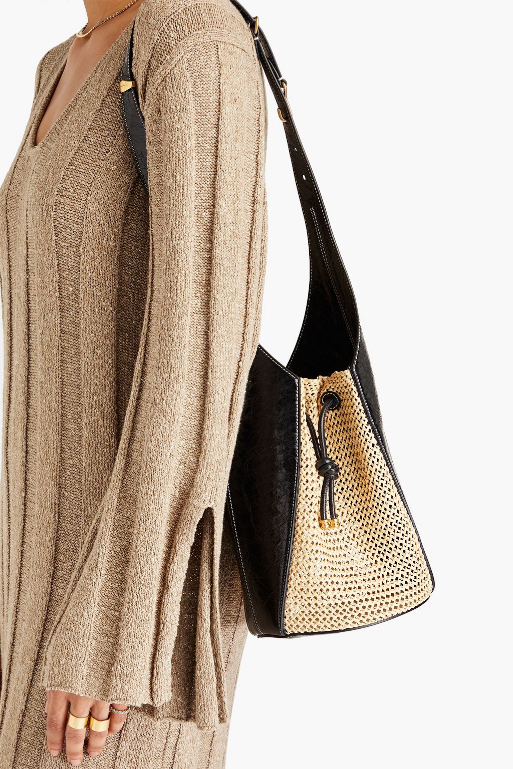 TORY BURCH Leather and raffia bucket bag | THE OUTNET