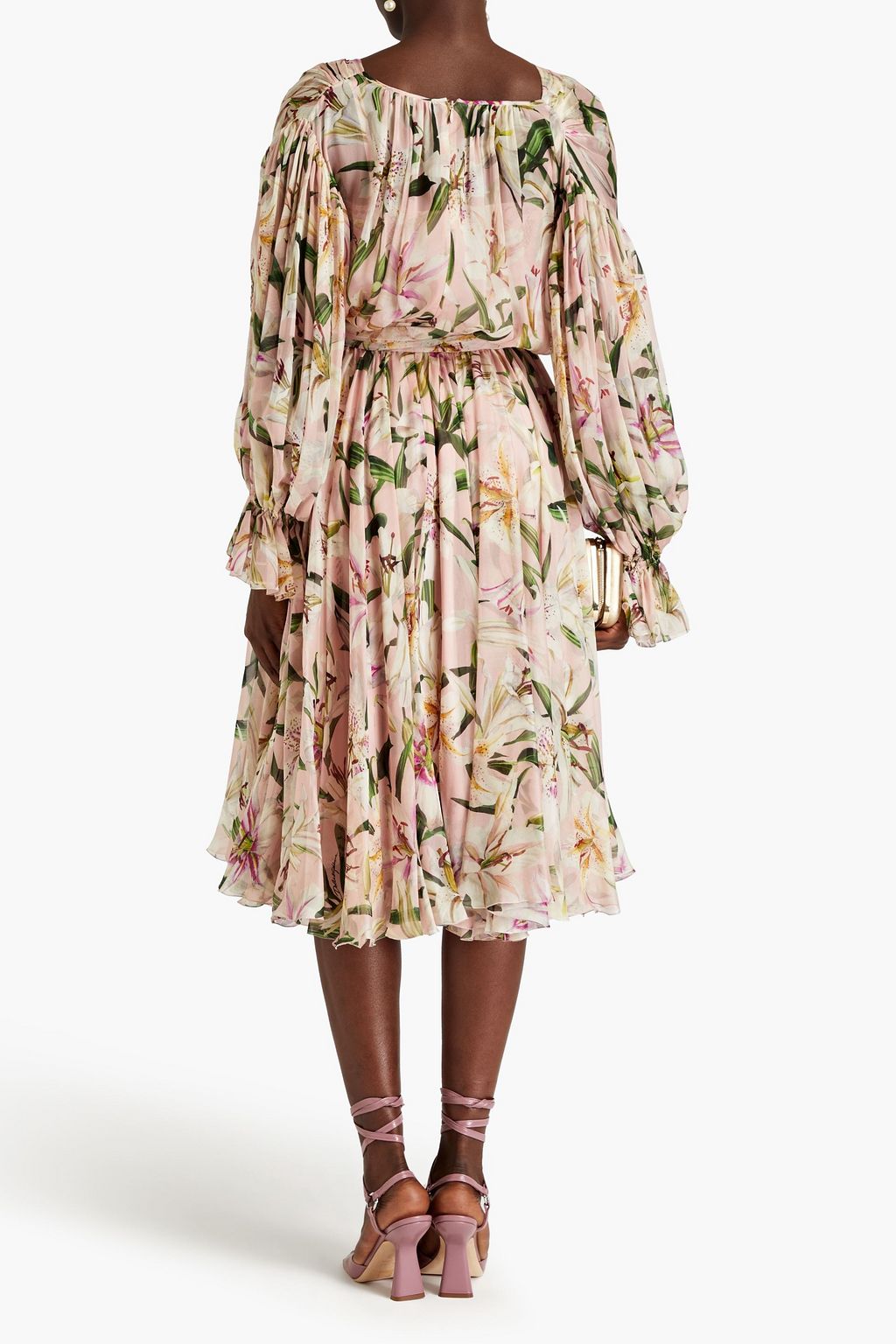 Dolceandgabbana Pleated Gathered Floral Print Silk Chiffon Midi Dress