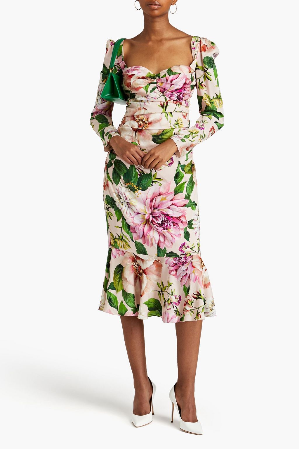 Dolce And Gabbana Ruched Floral Print Stretch Silk Midi Dress Sale Up