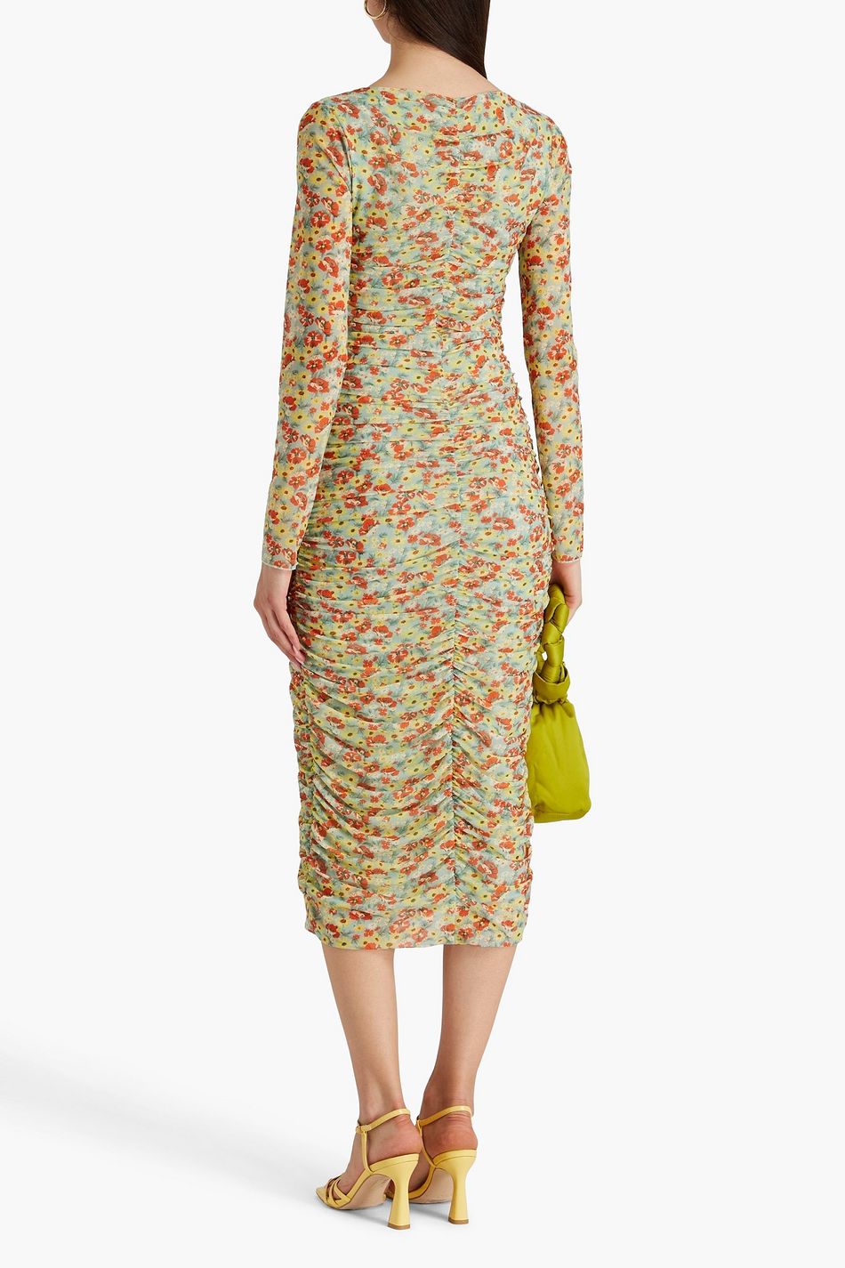 GANNI Ruched floral-print stretch-mesh midi dress | THE OUTNET