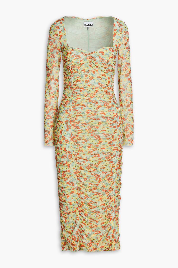 GANNI Ruched floral-print stretch-mesh midi dress | THE OUTNET