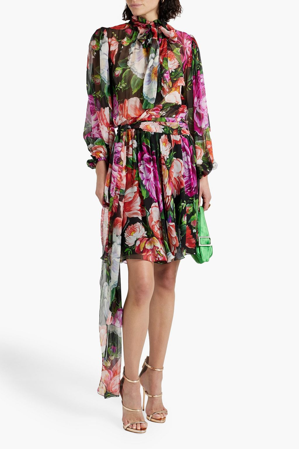 Dolceandgabbana Pussy Bow Floral Print Silk Blend Chiffon Dress The Outnet